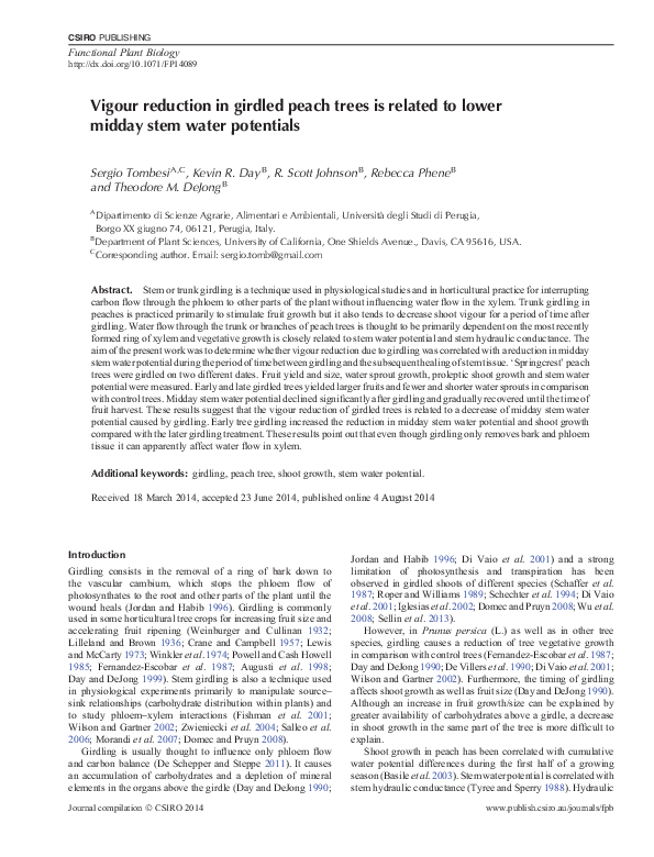 (PDF) Vigour reduction in girdled peach trees is related to lower ...