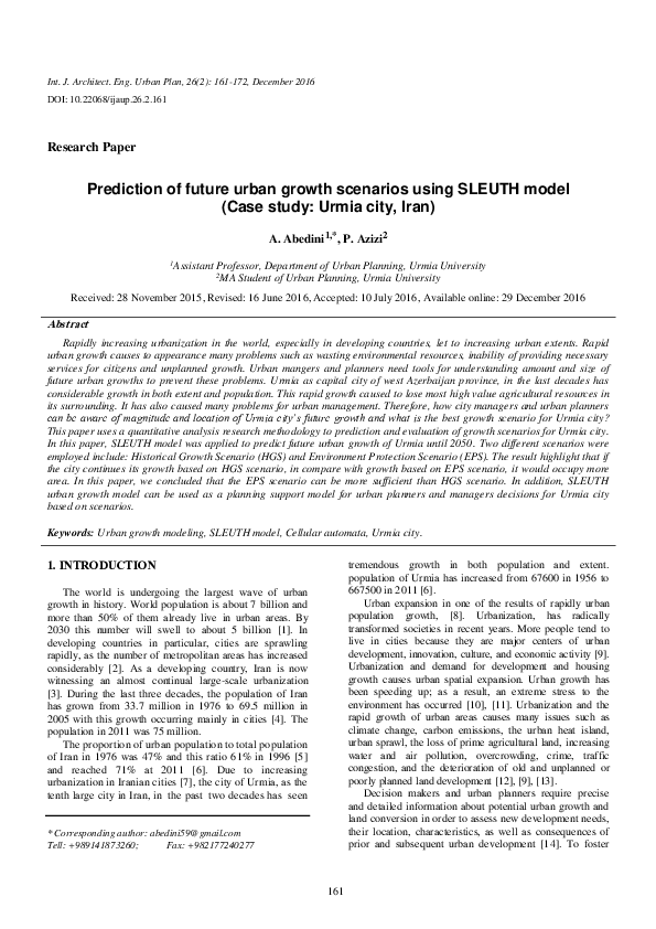 (PDF) Prediction of future urban growth scenarios using SLEUTH model (Case study: Urmia city, Iran)