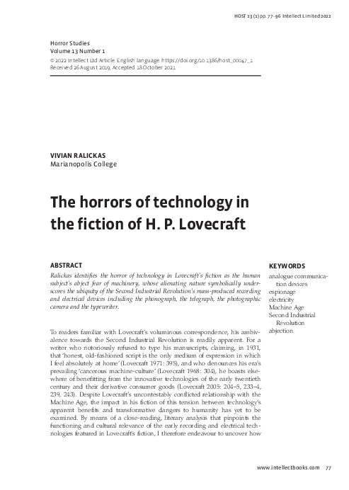(PDF) The horrors of technology in the fiction of H. P. Lovecraft