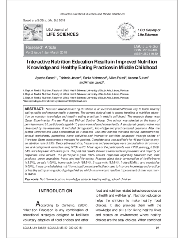 (PDF) Interactive Nutrition Education Results in Improved Nutrition ...