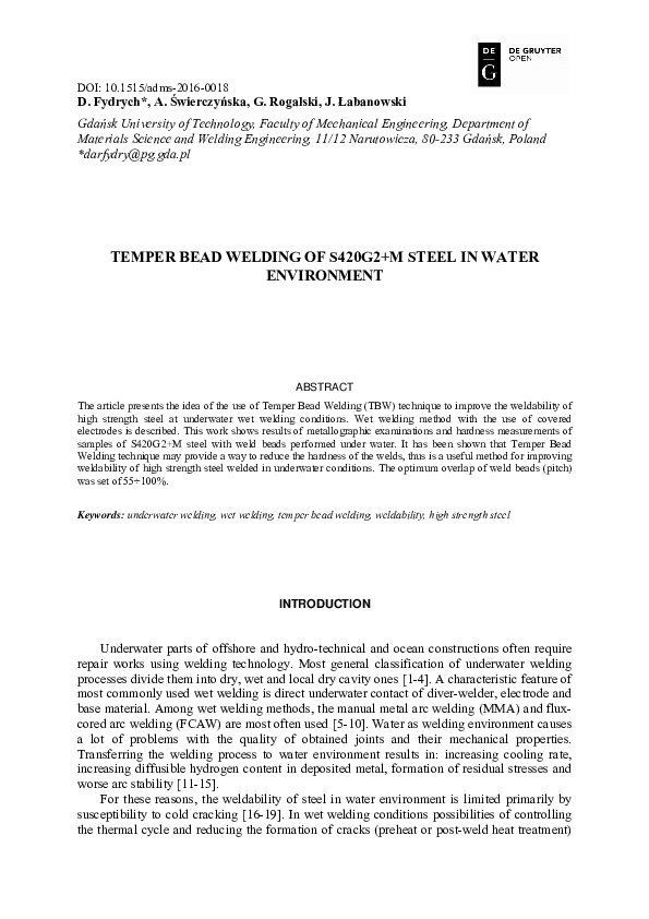 (PDF) Temper Bead Welding of S420G2+M Steel in Water Environment