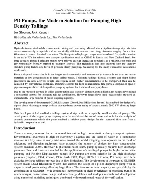 (PDF) PD Pumps, the Modern Solution for Pumping High Density Tailings