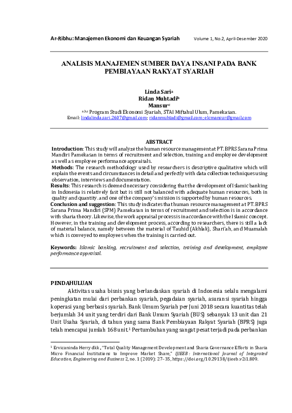 (PDF) Analisis Manajemen Sumber Daya Insani Pada Bank Pembiayaan Rakyat Syariah
