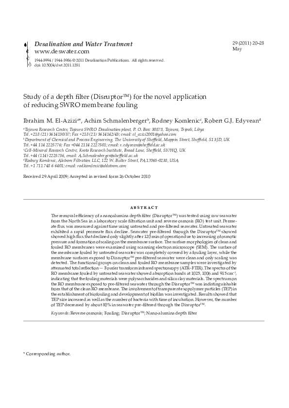 (PDF) Reducing SWRO Membrane Fouling with Disruptor