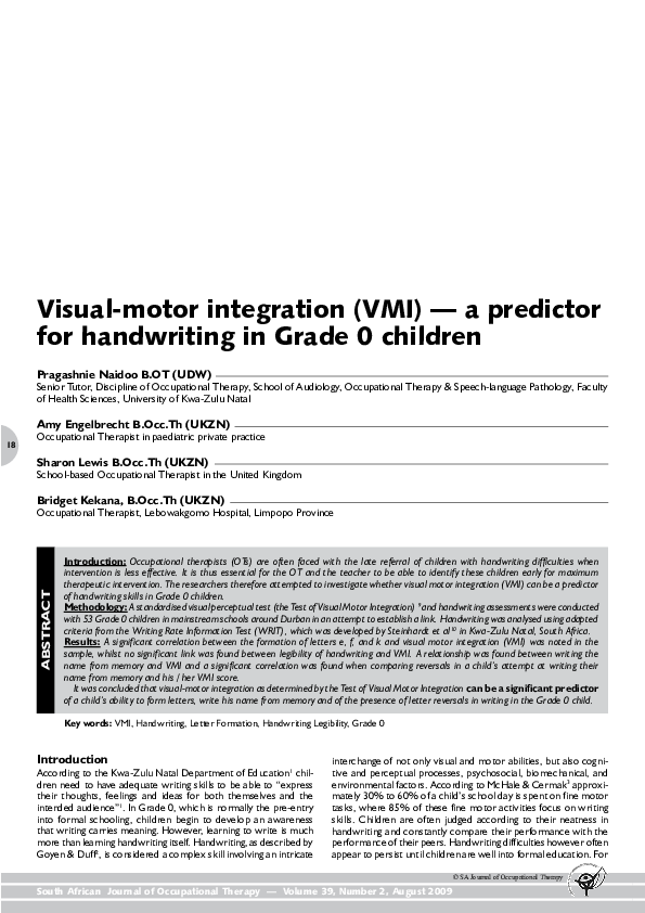(PDF) Visual-motor integration (VMI) - a predictor for handwriting in ...