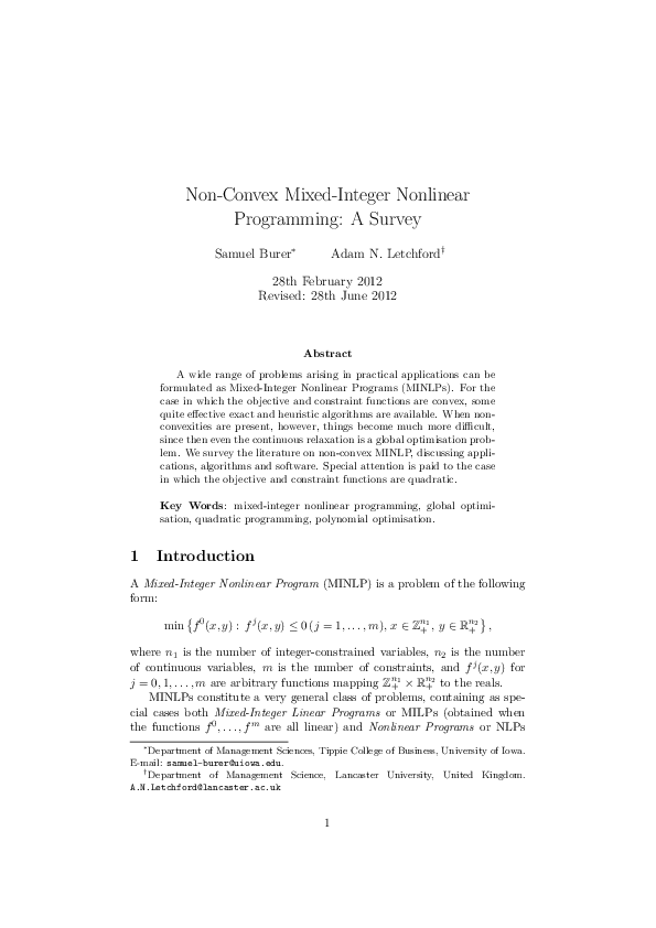 (PDF) Non-convex mixed-integer nonlinear programming: A survey