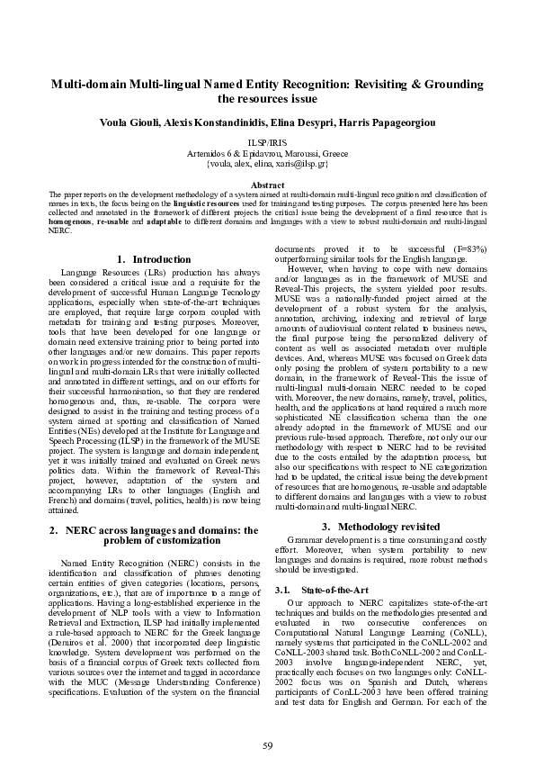 (PDF) Multi-domain Multilingual Named Entity Recognition: Revisiting & Grounding the resources issue