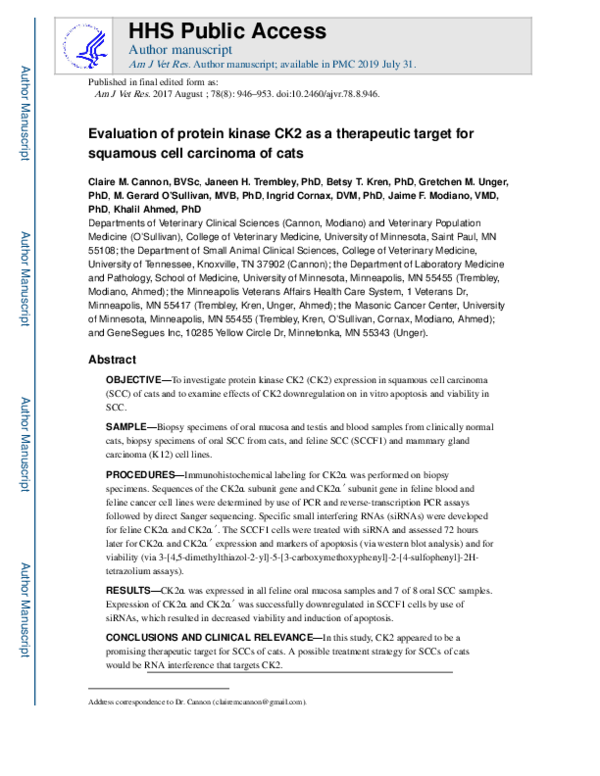 (PDF) CK2 as a Target in Feline Squamous Cell Carcinoma