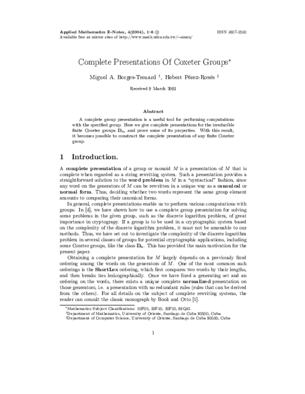 (PDF) Complete Presentations of Coxeter Groups
