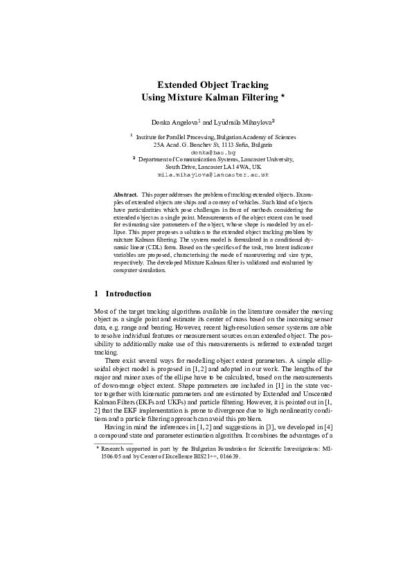 Pdf Extended Object Tracking Using Mixture Kalman Filtering