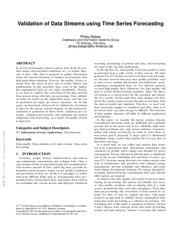 Pdf Validation Of Data Streams Using Time Series Forecasting Philsy Baban