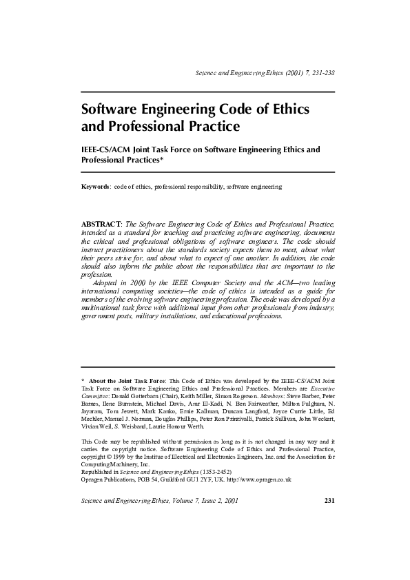 (PDF) Software engineering code of ethics and professional practice