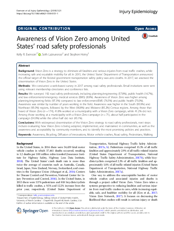 (PDF) Awareness of Vision Zero among United States’ road safety ...