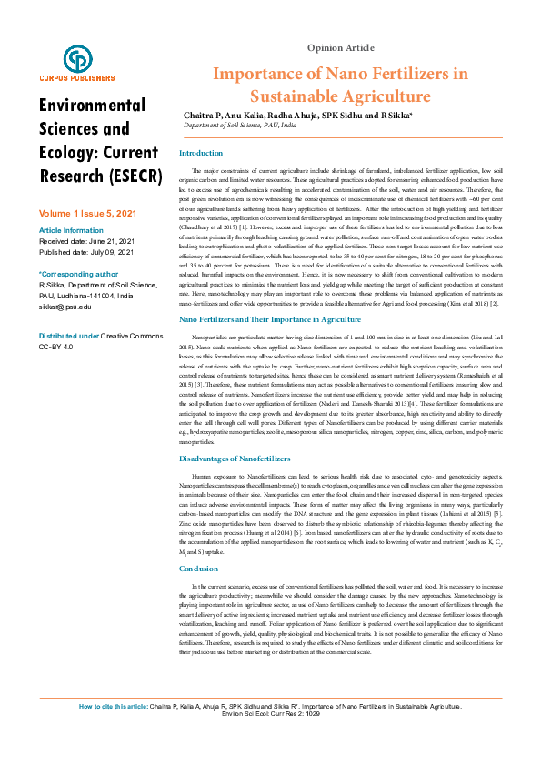 (PDF) Importance of Nano Fertilizers in Sustainable Agriculture