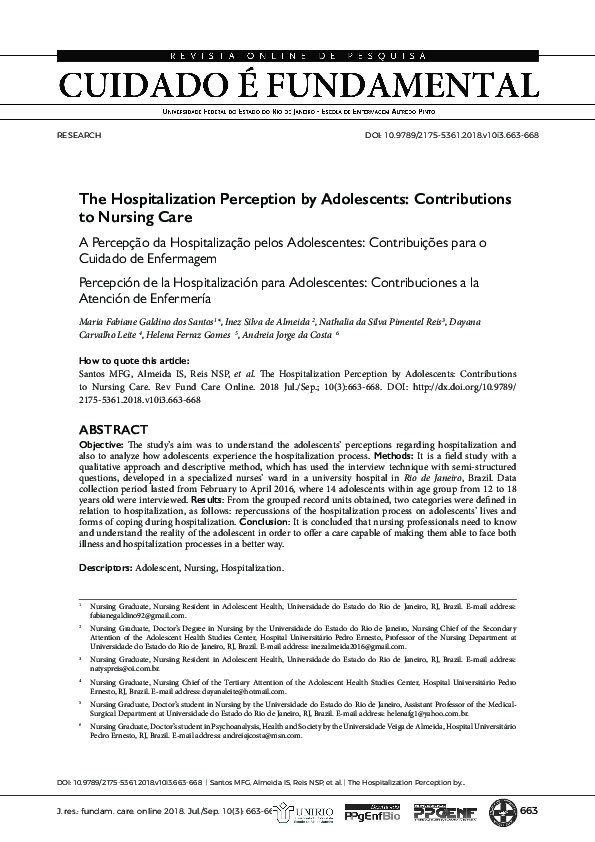 (PDF) The Hospitalization Perception by Adolescents: Contributions to ...