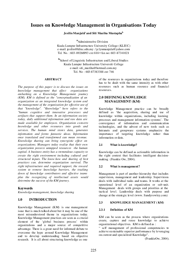(PDF) Issues on knowledge management in organisations today