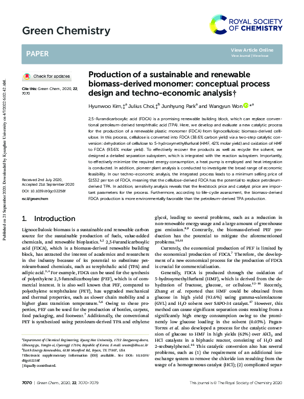 (PDF) Production of a sustainable and renewable biomass-derived monomer ...