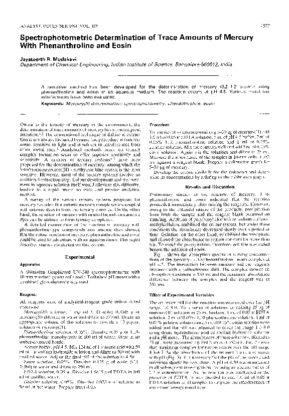 Spectrophotometric Determination Of Trace Amounts Of Mercury With Phenanthroline And Eosin