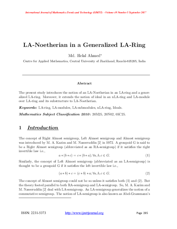 (PDF) LA-Noetherian in a Generalized LA-Ring | Helal Ahmed - Academia.edu
