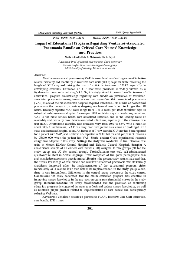(PDF) Impact of Educational Program Regarding Ventilator-Associated Pneumonia Bundle on Critical ...