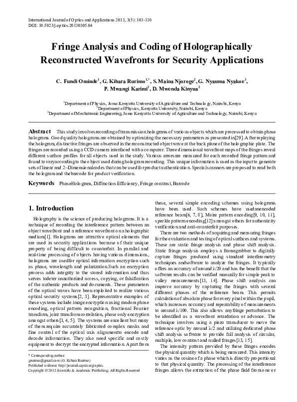 Pdf Fringe Analysis And Coding Of Holographically Reconstructed