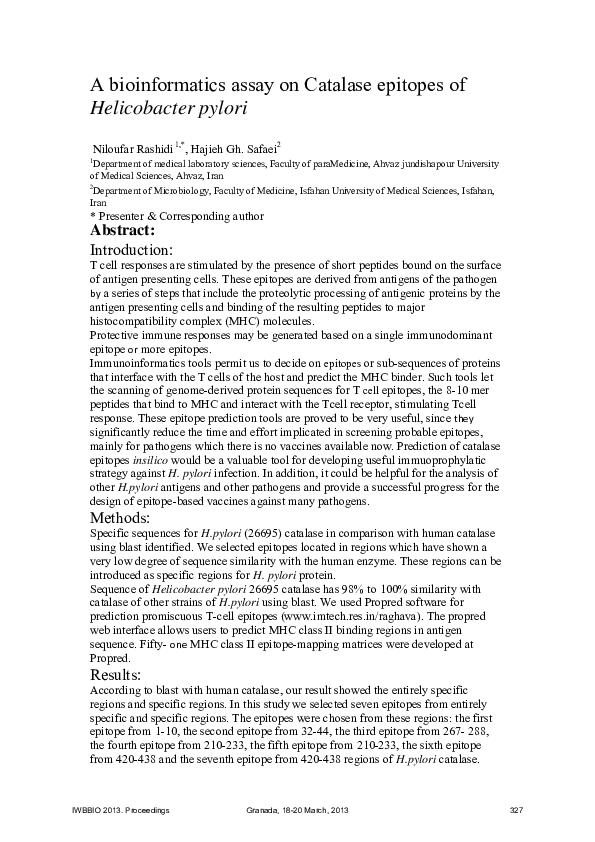 (PDF) A bioinformatics assay on Catalase epitopes of Helicobacter pylori