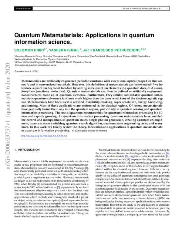 (PDF) Quantum Metamaterials: Applications in quantum information science