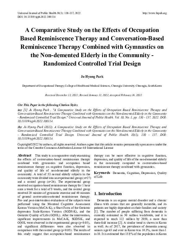 (PDF) A Comparative Study on the Effects of Occupation Based Reminiscence Therapy and ...