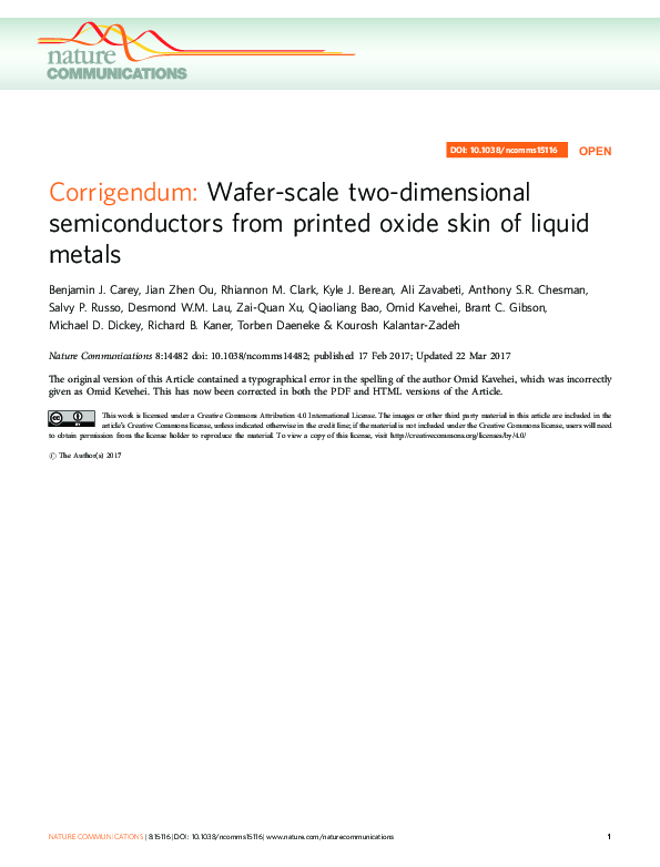 (PDF) Corrigendum: Wafer-scale two-dimensional semiconductors from printed oxide skin of liquid ...