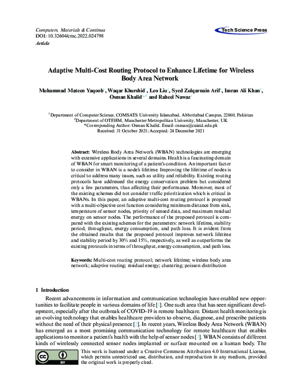 Pdf Adaptive Multi Cost Routing Protocol To Enhance Lifetime For Wireless Body Area Network