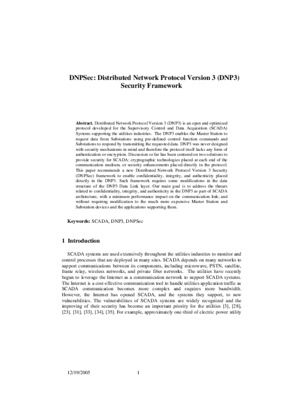 Pdf Dnpsec Distributed Network Protocol Version 3 Dnp3 Security Framework