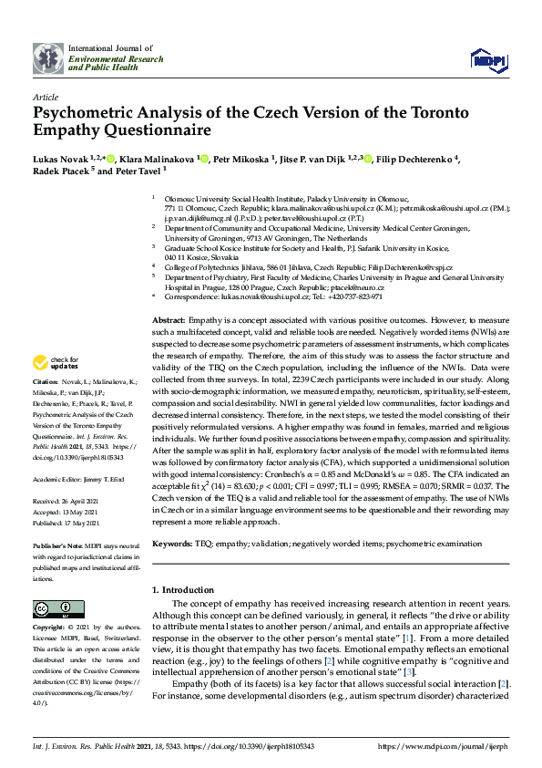 (PDF) Psychometric Analysis of the Czech Version of the Toronto Empathy ...