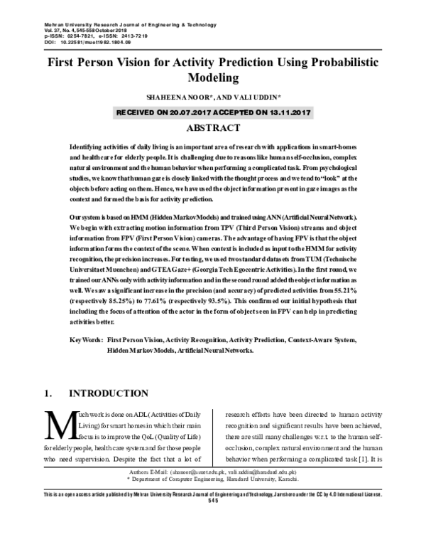 (PDF) First Person Vision for Activity Prediction Using Probabilistic ...