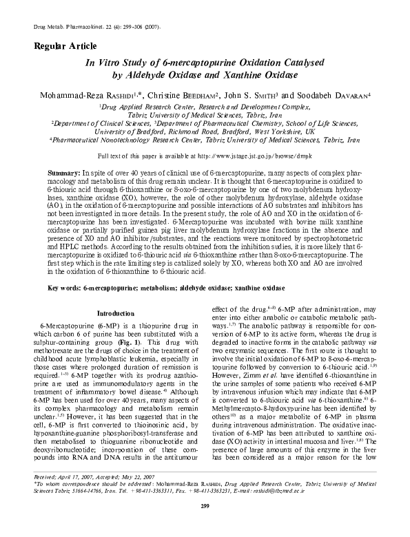 (PDF) In Vitro Study of 6-mercaptopurine Oxidation Catalysed by Aldehyde Oxidase and Xanthine ...