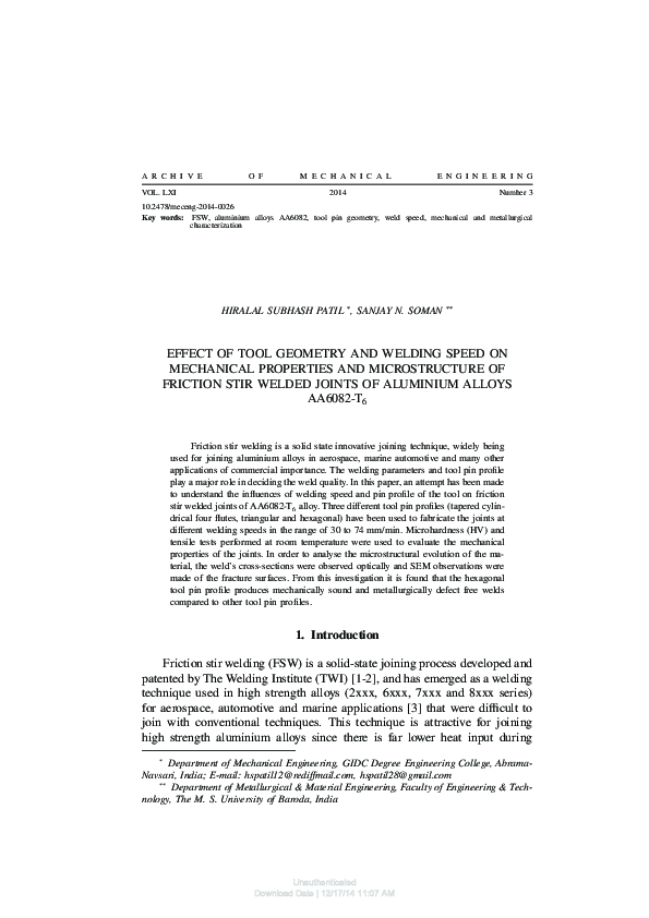 (PDF) Effect of Tool Geometry and Welding Speed on Mechanical Properties and Microstructure of ...