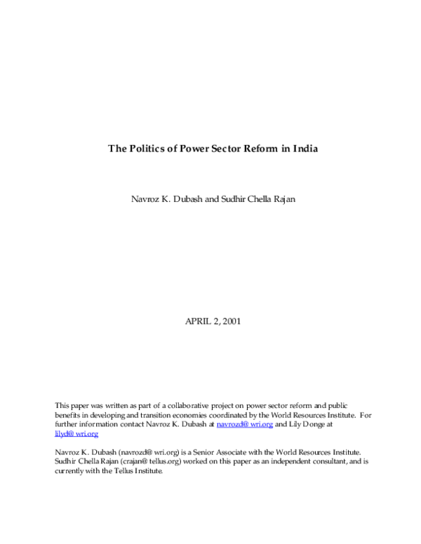 (PDF) The Politics of Power Sector Reform in India