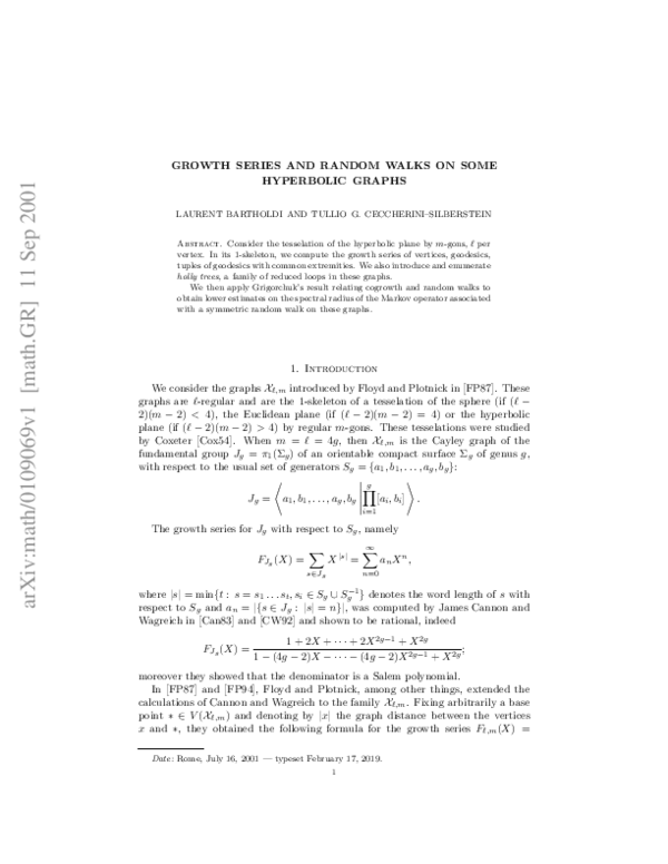 (PDF) Growth Series and Random Walks on Some Hyperbolic Graphs