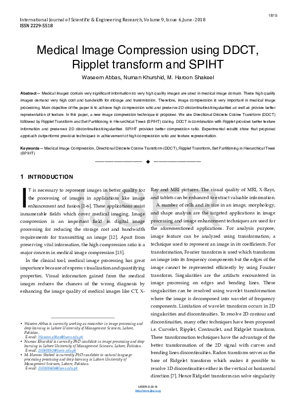 (PDF) Medical Image Compression using DDCT, Ripplet Transform and their Fusion