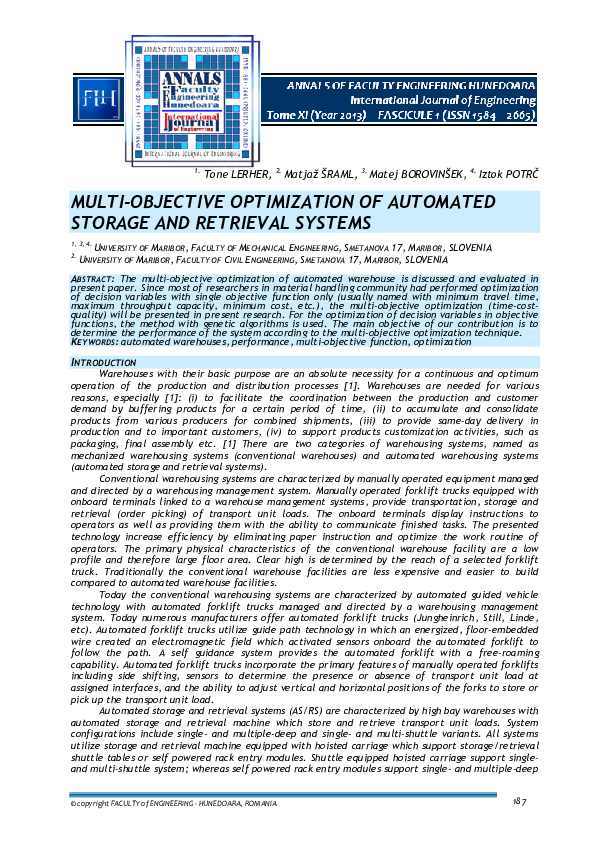 Pdf Multi Objective Optimization Of Automated Storage And Retrieval