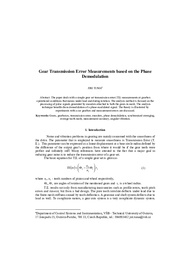 (PDF) Gear Transmission Error Measurements Based on the Phase Demodulation