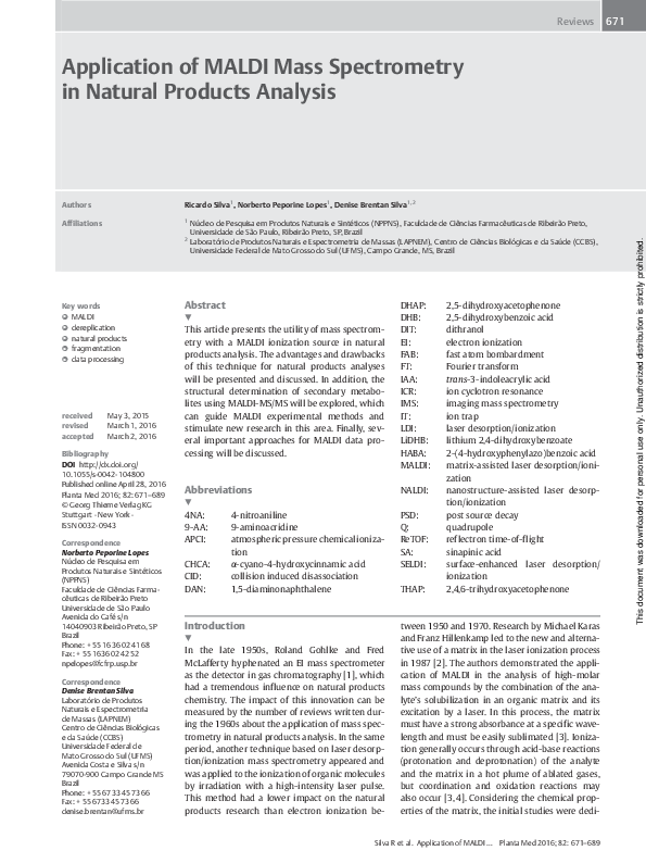 (PDF) Application of MALDI Mass Spectrometry in Natural Products Analysis