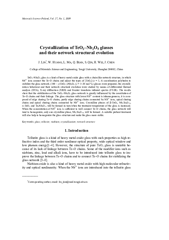 (PDF) Crystallization of TeO2 Nb2O5 glasses and their network ...