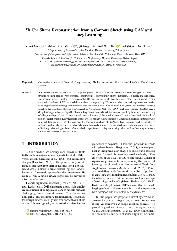 (PDF) 3D car shape reconstruction from a contour sketch using GAN and lazy learning