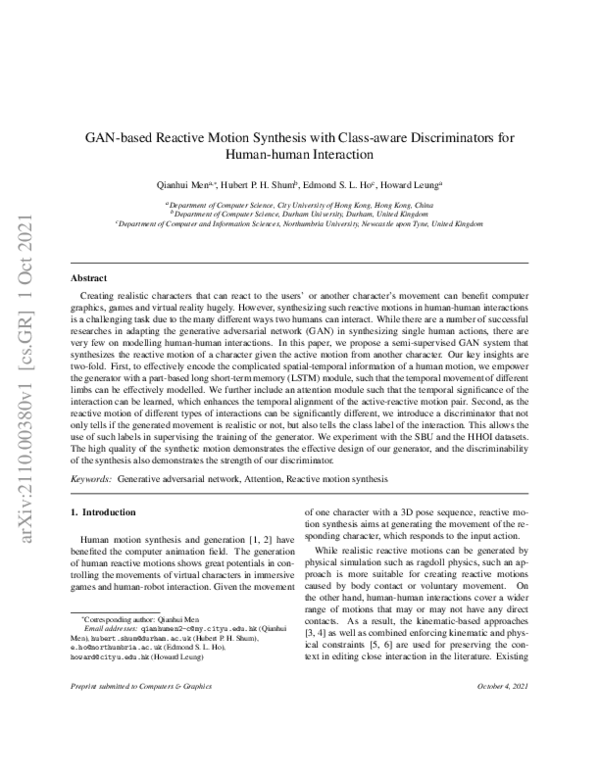 (PDF) GAN-based reactive motion synthesis with class-aware discriminators for human-human ...