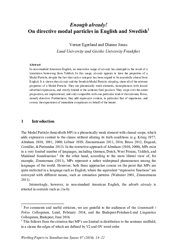 (PDF) Enough already!: On directive modal particles in English and Swedish