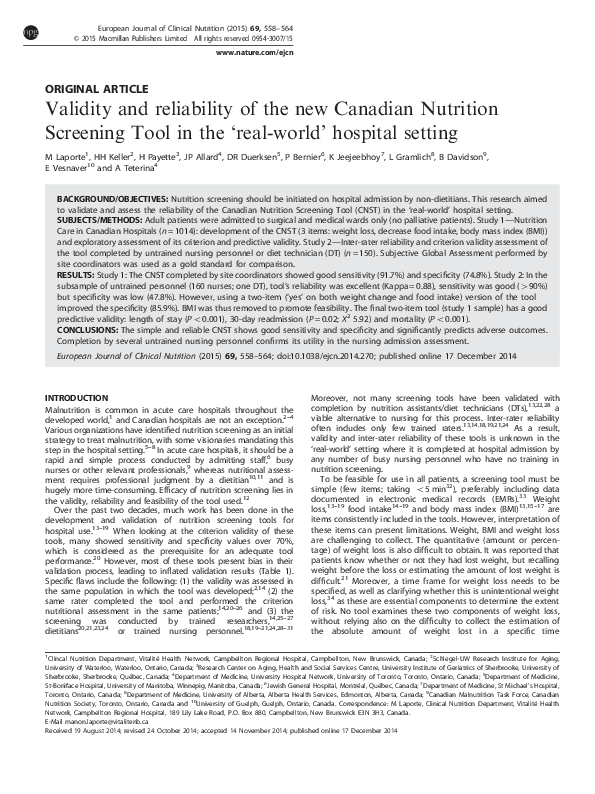 (PDF) Validity and reliability of the new Canadian Nutrition Screening ...