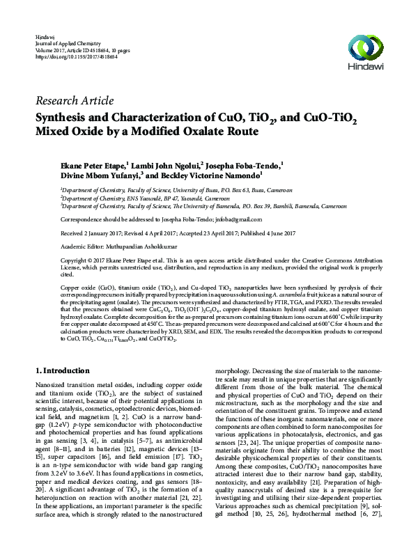 (PDF) Synthesis and Characterization of CuO, TiO2, and CuO-TiO2 Mixed ...