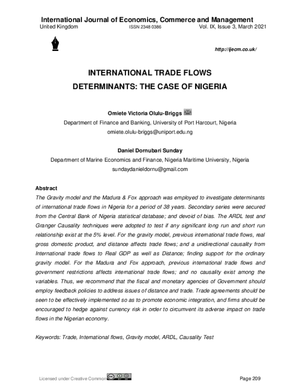 (PDF) INTERNATIONAL TRADE FLOWS DETERMINANTS: THE CASE OF NIGERIA (PDF) INTERNATIONAL TRADE FLOWS DETERMINANTS: THE CASE OF NIGERIA