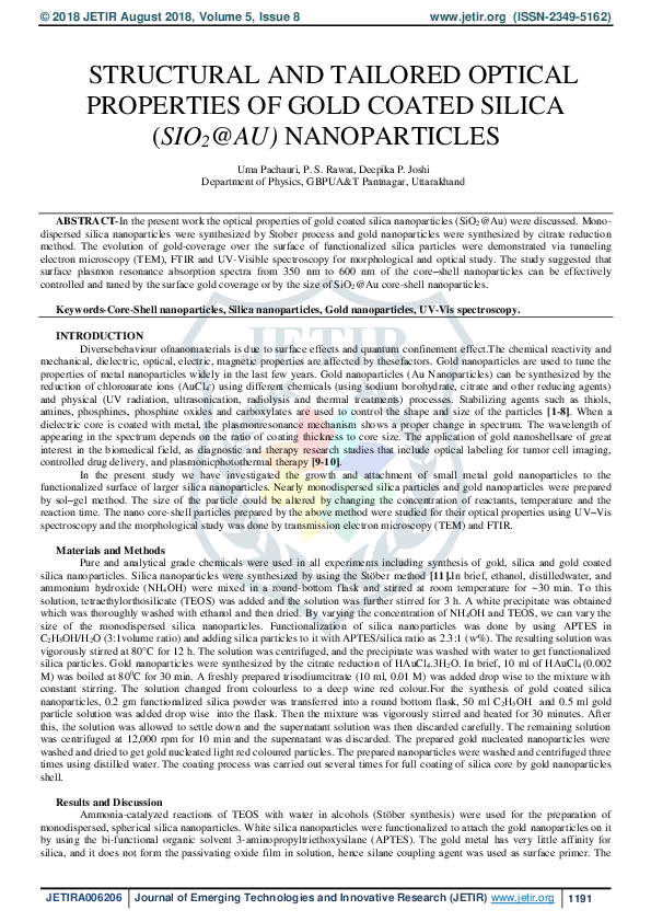 (PDF) Structural and Tailored Optical Properties of Gold Coated Silica (SIO2@AU) Nanoparticles