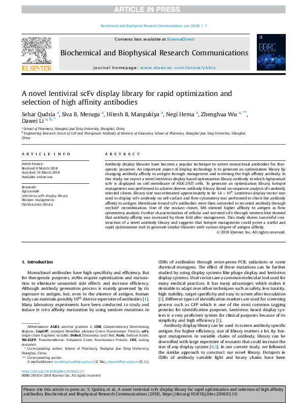 (PDF) A novel lentiviral scFv display library for rapid optimization ...
